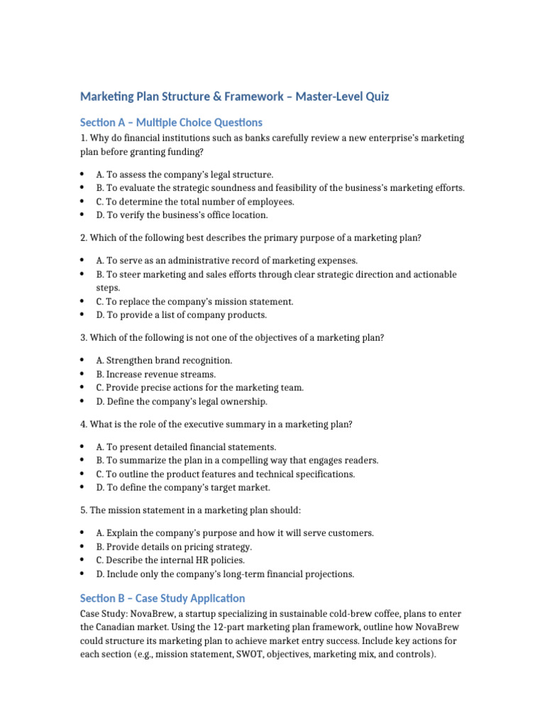 Marketing Plan Quiz & Case Study Guide | PDF