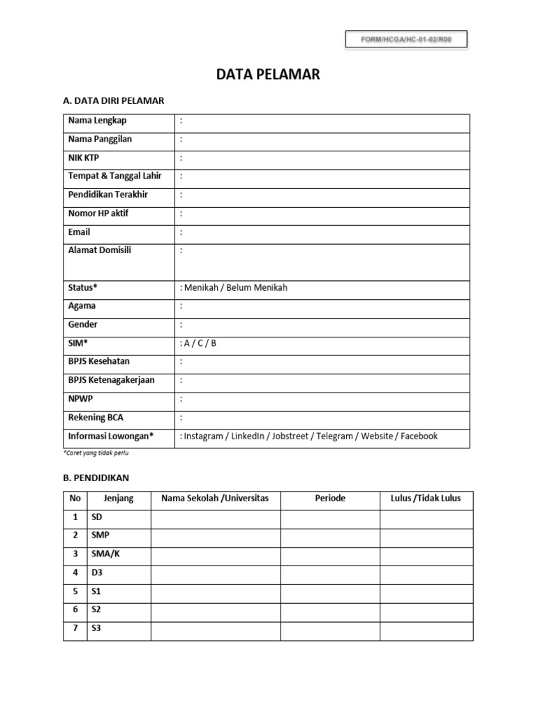 Formulir Aplikasi Pelamar Kerja | PDF