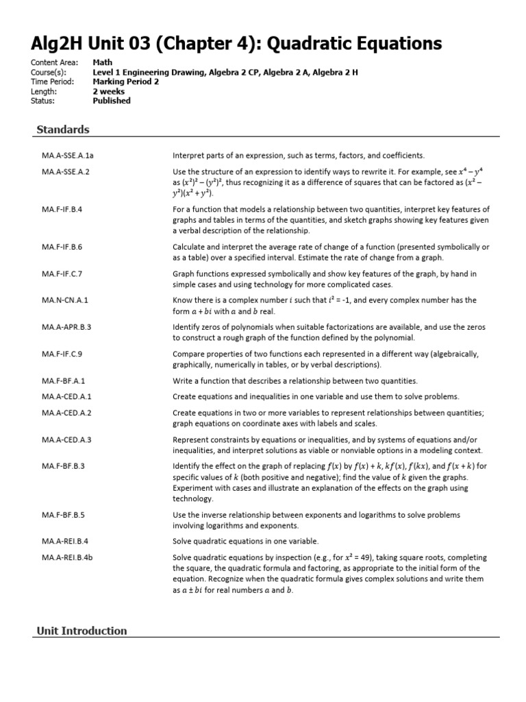 Unit_Alg2H Unit 03 (Chapter 4)_ Quadratic Equations_20251115105029 | PDF | Quadratic Equation ...