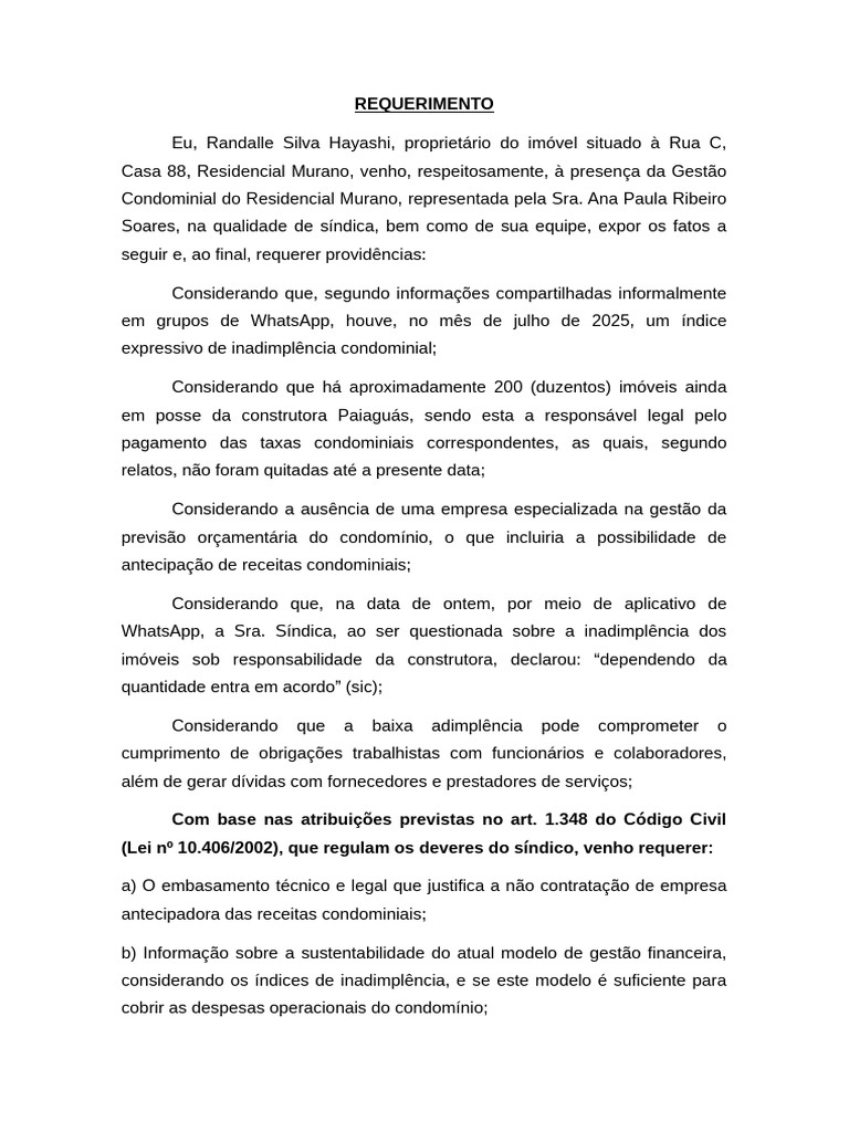 Requerimento Sindico Murano | PDF | Condomínio
