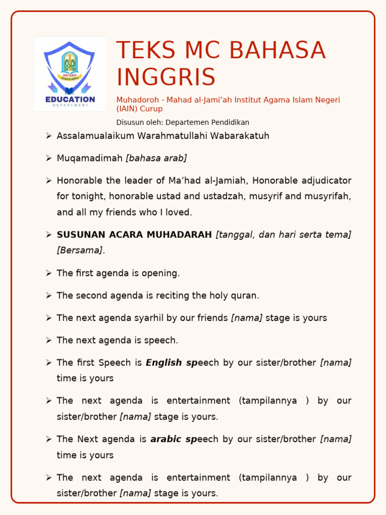 TEKS MC Bahasa Inggris untuk Muhadoroh | PDF