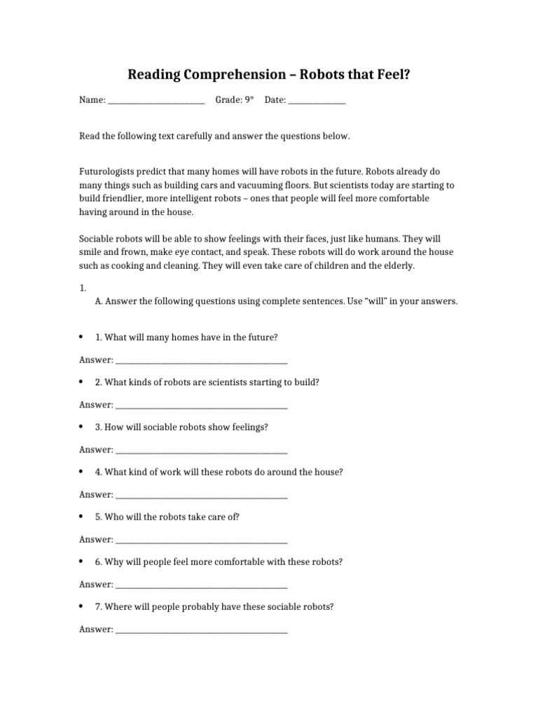 Reading Comprehension Robots That Feel Grade9 | PDF | Robot | Robotics