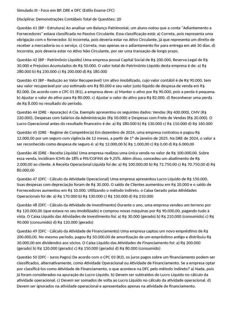 Simulado CFC: BP, DRE e DFC | PDF | Capital próprio (finanças ...