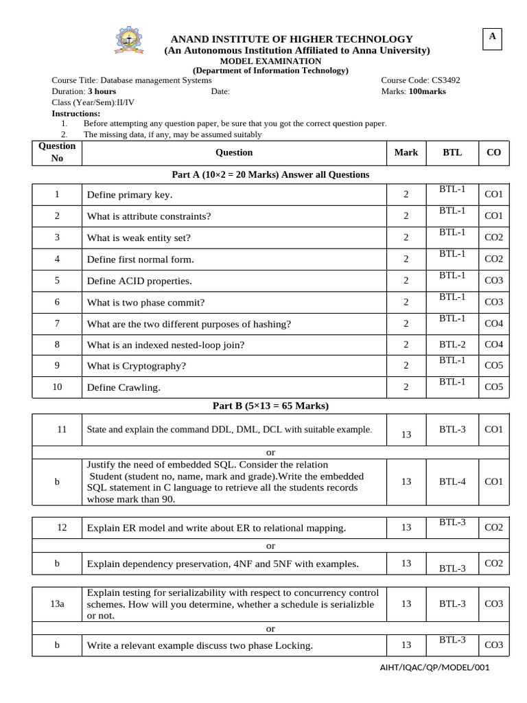 Cs3492 Dbms Model Set b | PDF | Sql | Databases