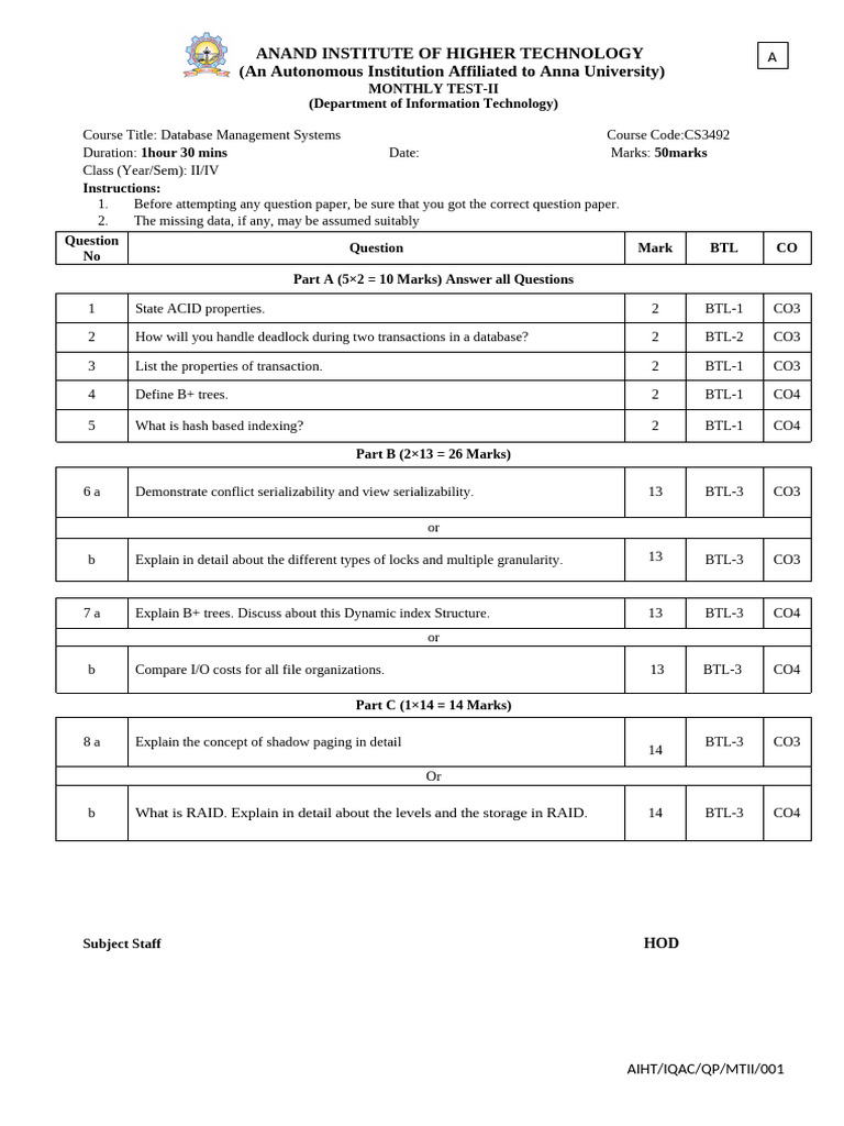 Cs3492 Dbms Mt2 Set A | PDF | Databases | Database Transaction