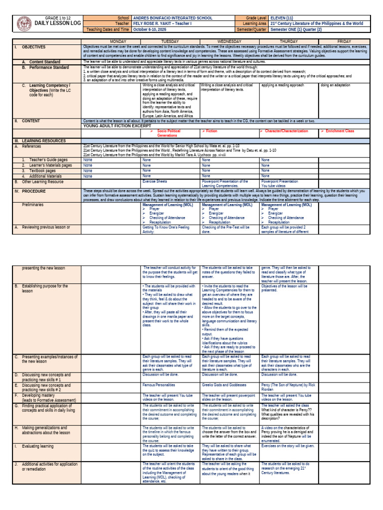 DAILY LESSON LOG 21st Century Lit Whole Sem HCSedentario | PDF ...
