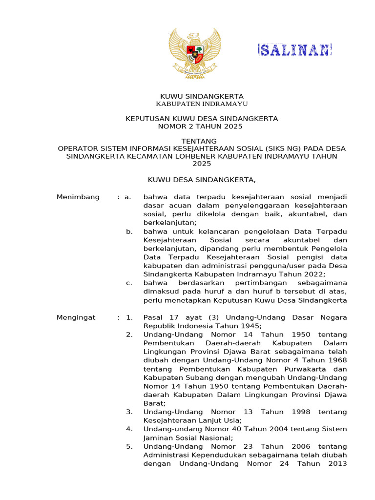 Draft SK Operator Siks NG Desa Kelurahan | PDF