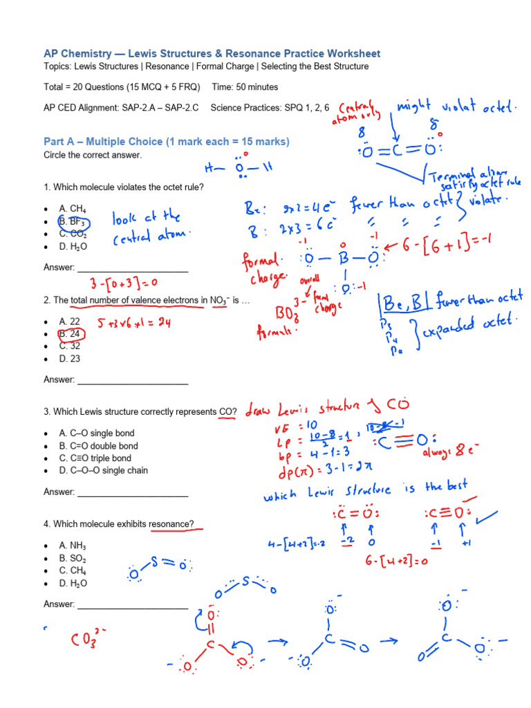 AP Chemistry Lewis Structures Resonance Worksheet Student2 Solved | PDF ...