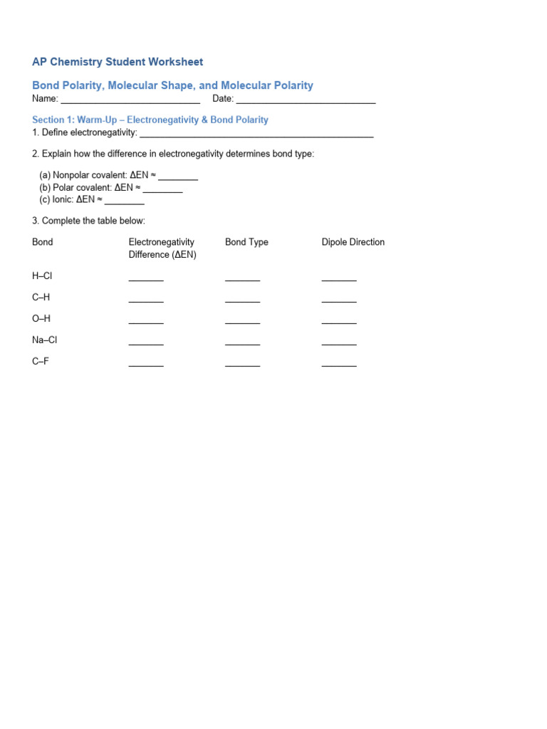 AP Chemistry: Bond and Molecular Polarity Worksheet | PDF | Chemical ...