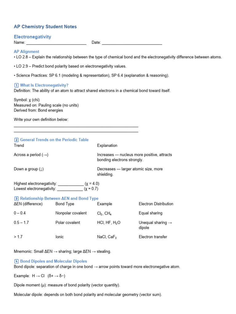AP Chemistry Electronegativity Student Notes | PDF | Chemical Polarity ...