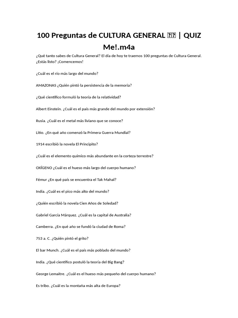 100 Preguntas de Cultura General Quiz | PDF