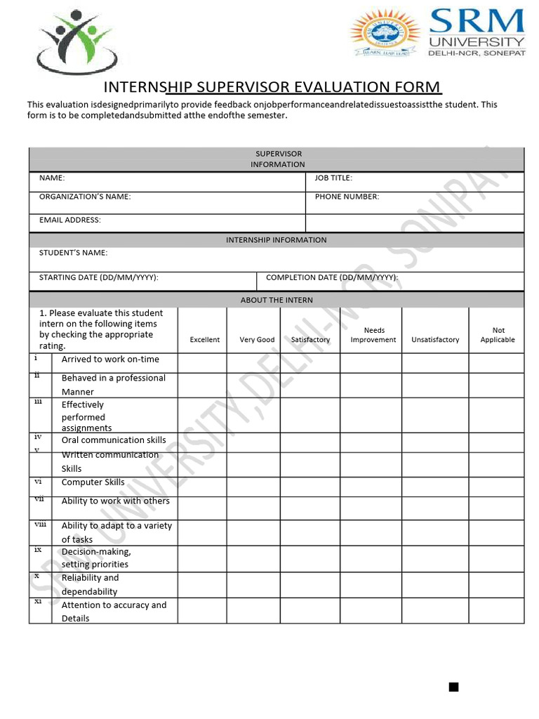 Updated - 2025-Internship Supervisor Evaluation For | PDF