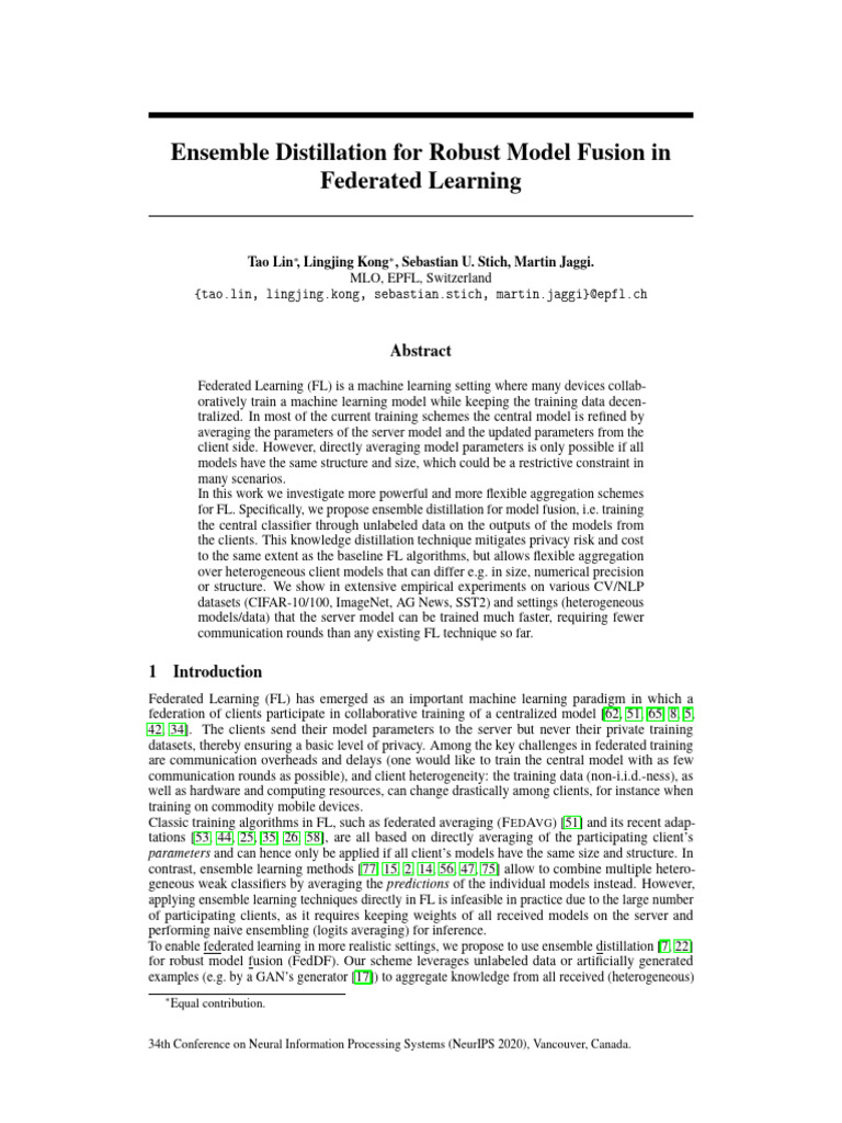 NeurIPS 2020 Ensemble Distillation for Robust Model Fusion in Federated ...