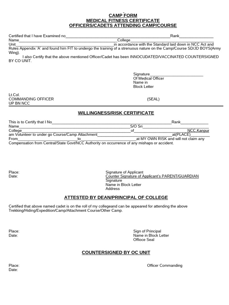 NCC Camp Medical and Indemnity Forms | PDF