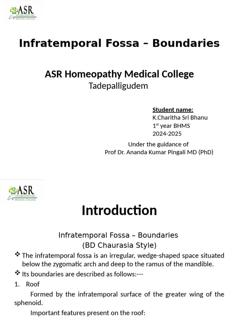 Infratemporal Fossa - Boundaries-PPT-Kolli Charitha Sri Bhanu, 1st BHMS, ASR, TDPG | PDF
