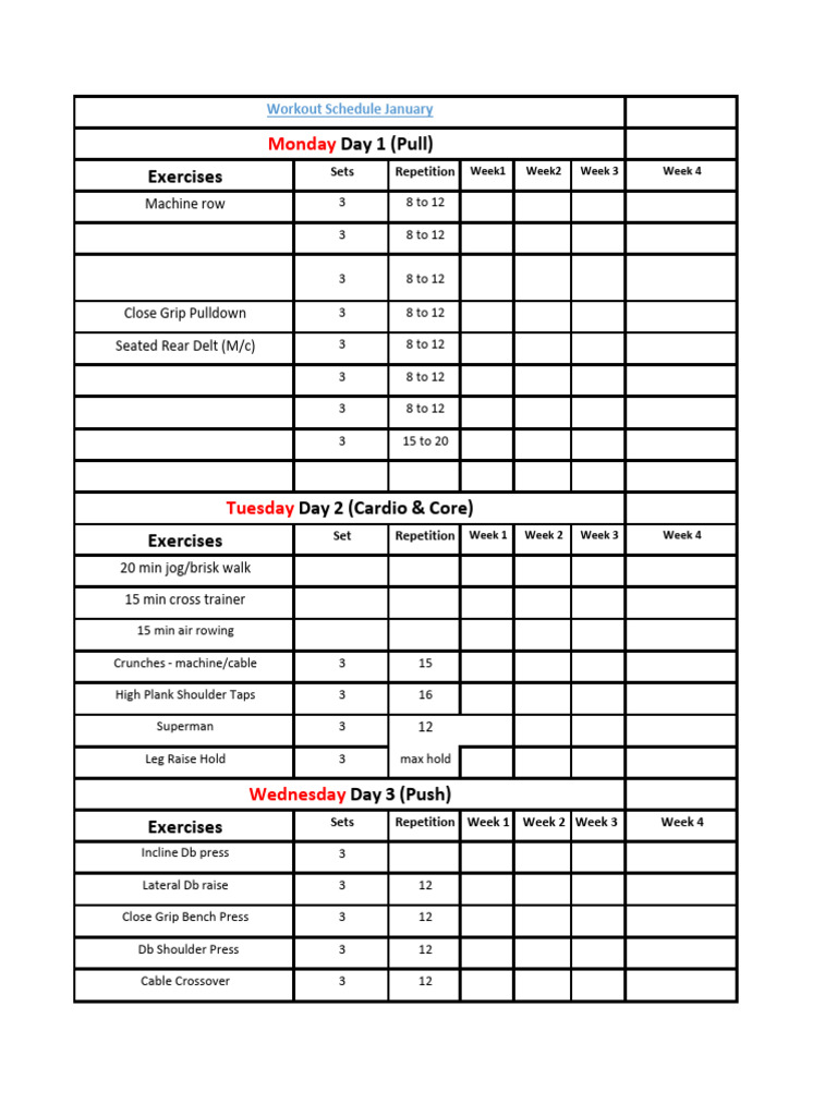 January Workout Schedule: Strength & Cardio | PDF | Physical Exercise ...