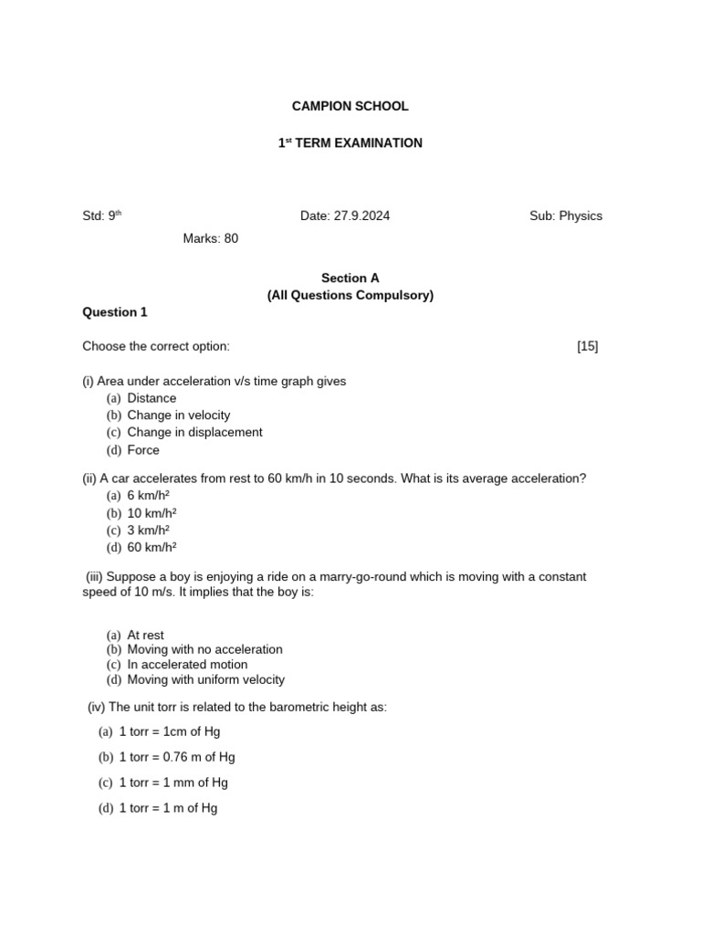 Grade 9 - Physics - t1 - 2024 | PDF | Pressure | Velocity