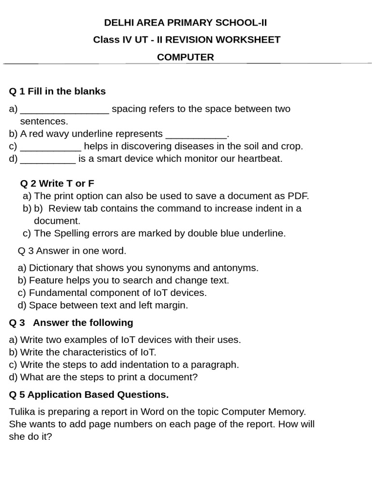 Worksheet Class 4 Ut 2 | PDF