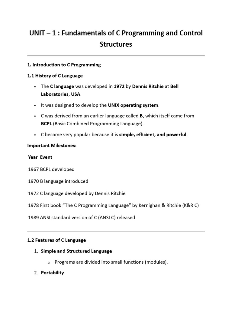 UNIT – 1 Fundamentals of C Programming and Control Structures | PDF | Integer (Computer Science ...