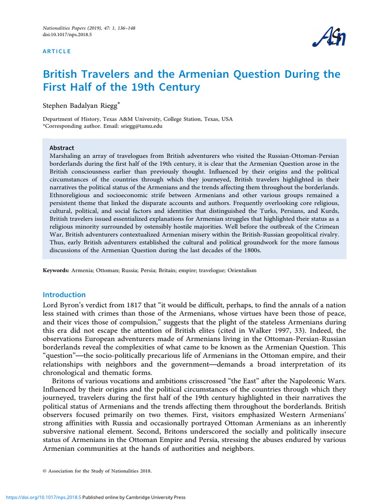 British Travelers and The Armenian Question During The First Half of ...