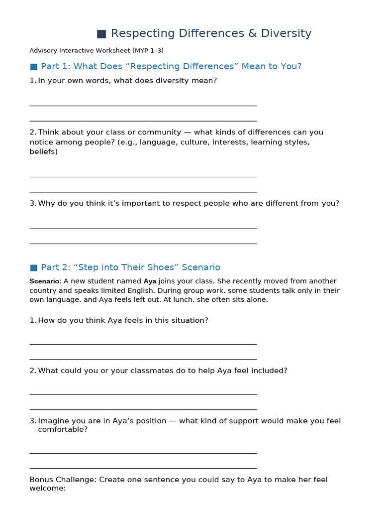 Respecting Differences Worksheet 1 | PDF