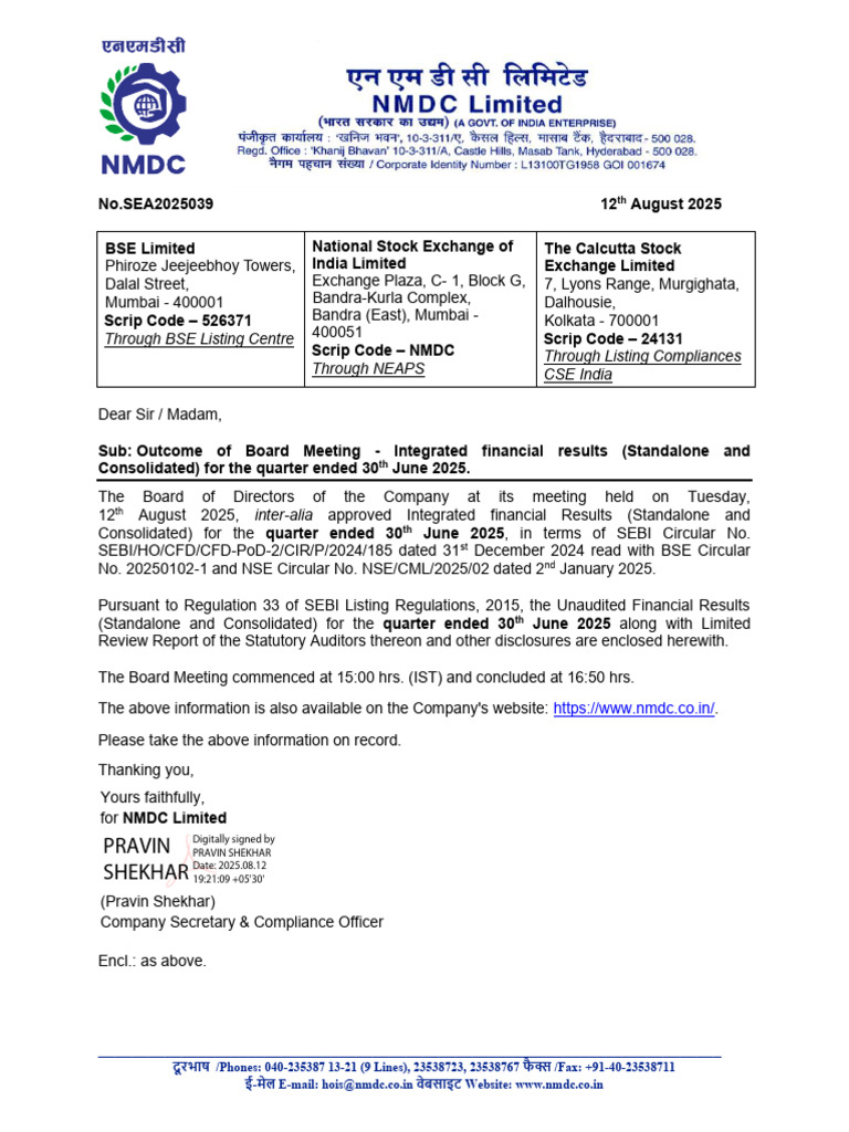 NMDC Q2 2025 Financial Results Announcement | PDF