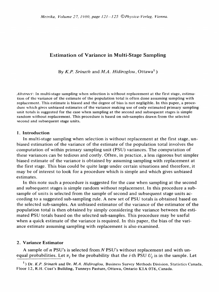 Estimation of Variance in Multi-Stage Sampling | PDF | Estimator | Bias ...