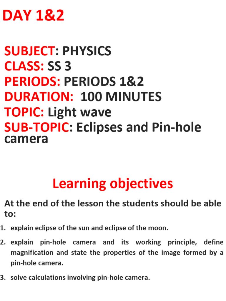 1ST TERM SS3 PHYSICS WK 10 DAY 1 & 2 Eclipses and Pin-hole Camera | PDF | Solar Eclipse | Eclipse