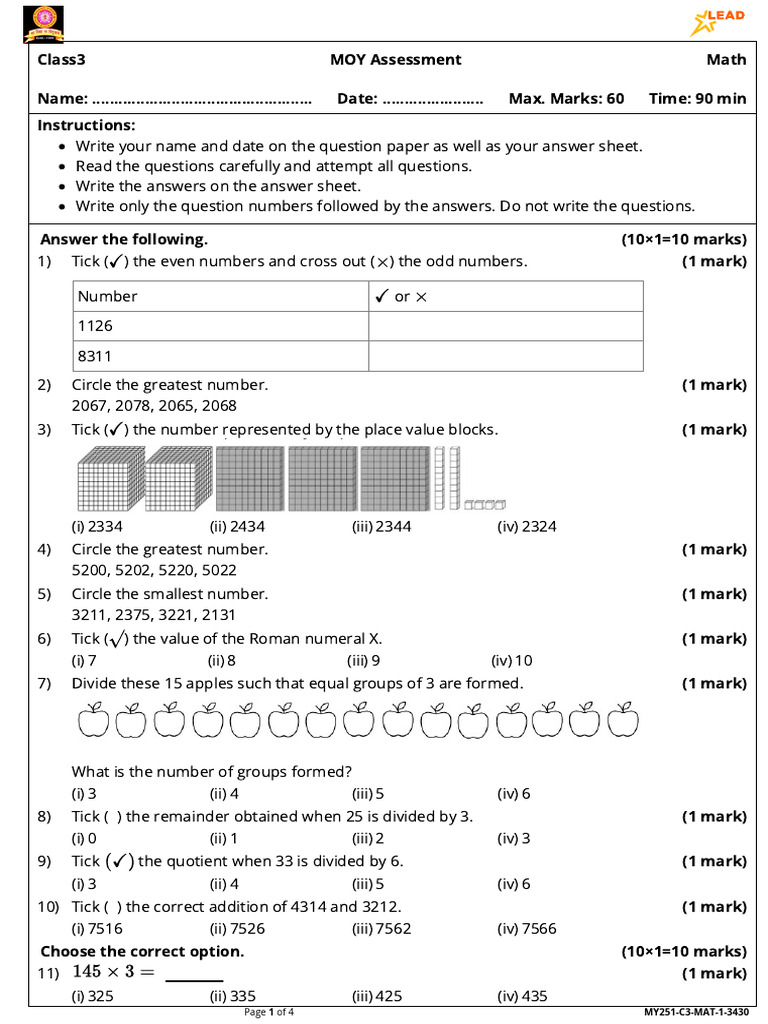 Class 3 Math MOY Assessment Paper | PDF | Division (Mathematics ...