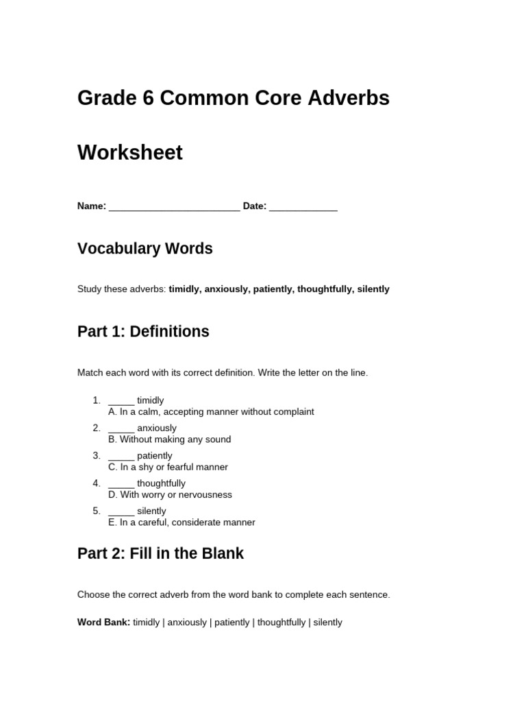 Grade 6 Common Core Adverbs Worksheet | PDF