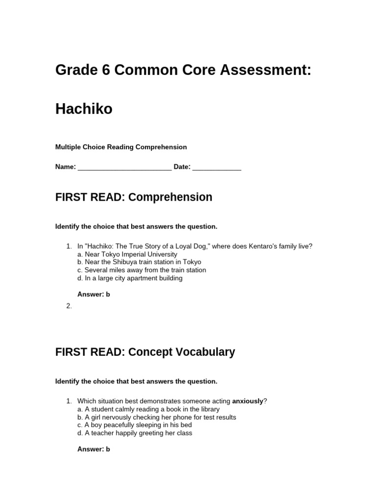 Grade 6 Hachiko Reading Assessment | PDF