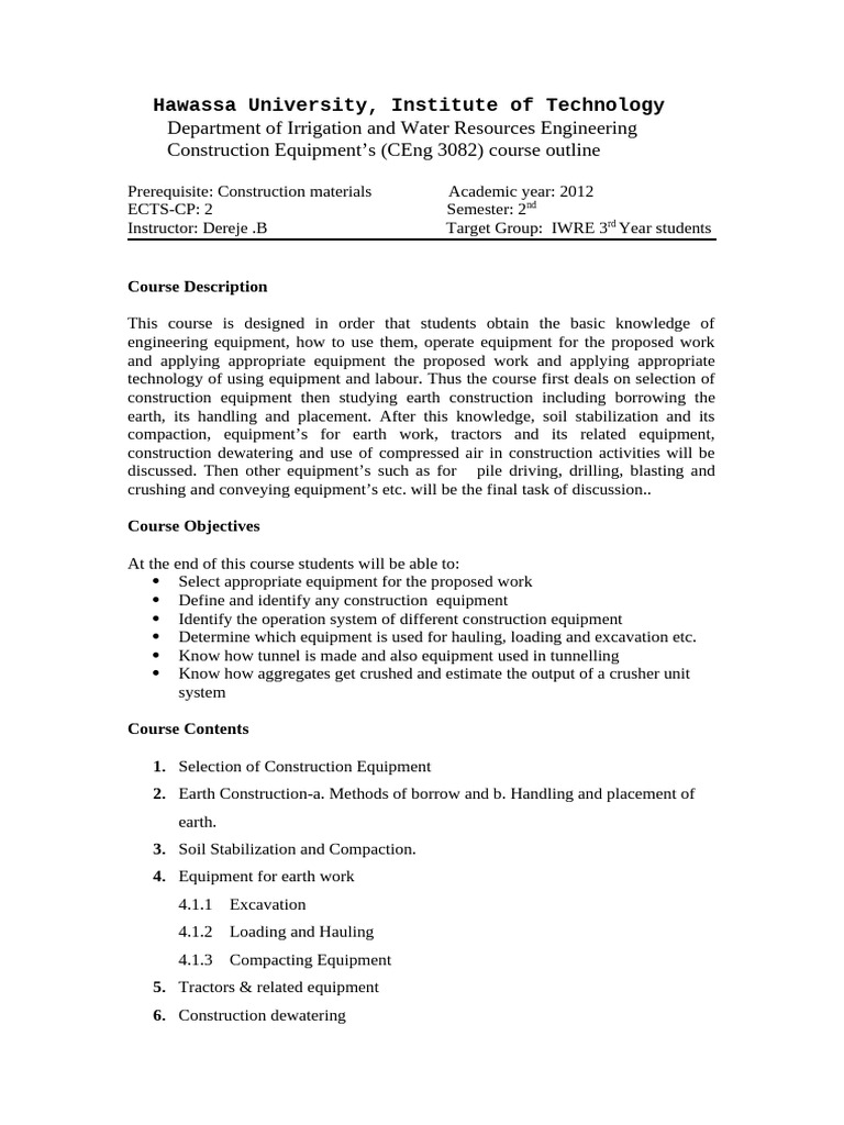 Construction Equipment Course Outline | PDF