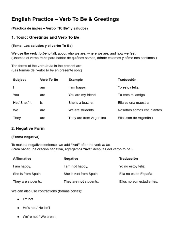 English Practice – Verb to Be & Greetings - FINES | PDF | Grammar ...