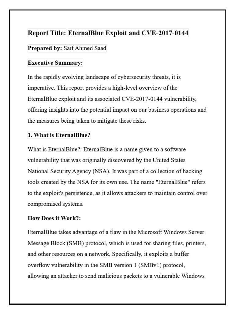EternalBlue Exploit and CVE-2017-0144 | PDF | Exploit (Computer ...