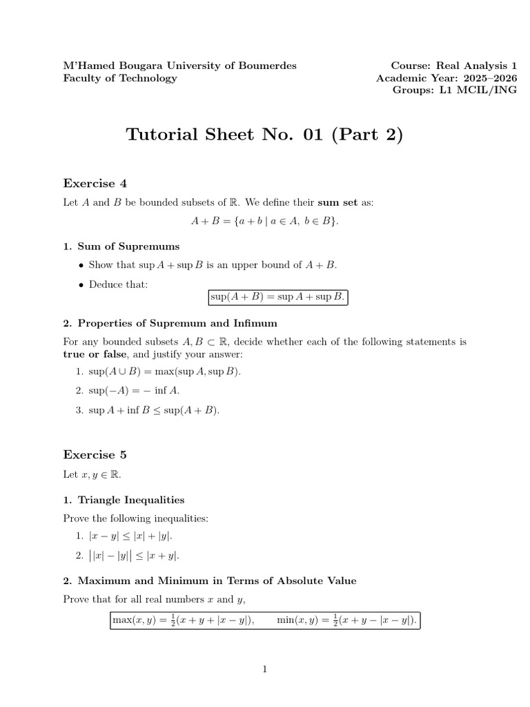 Real Analysis 1: Supremum and Inequalities | PDF