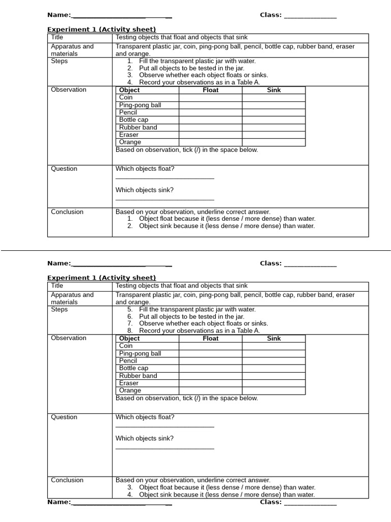 Float or Sink Experiment Activity Sheet | PDF | Table Tennis | Chess ...