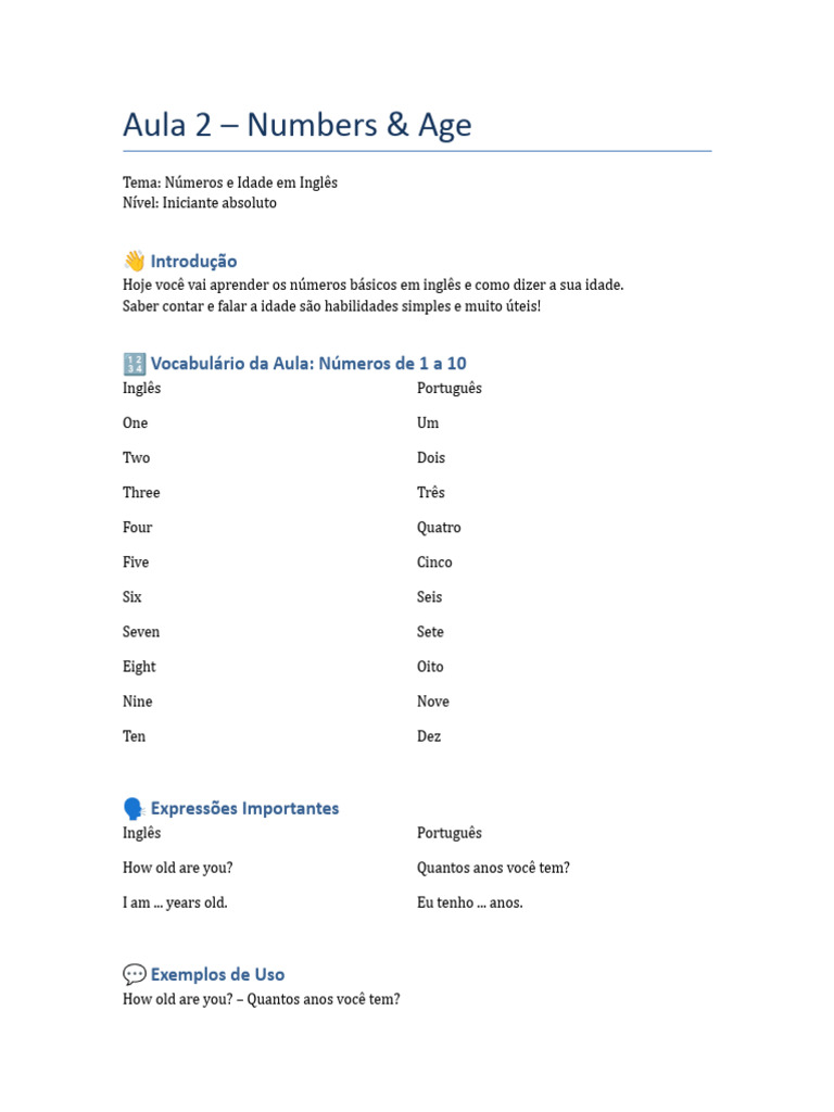 Aula 02 Numbers Age | PDF