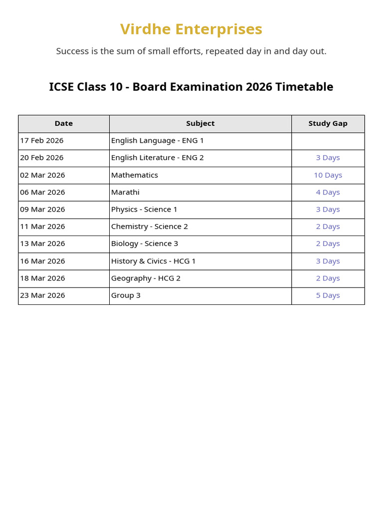 ICSE Class10 2026 Luxury Timetable | PDF