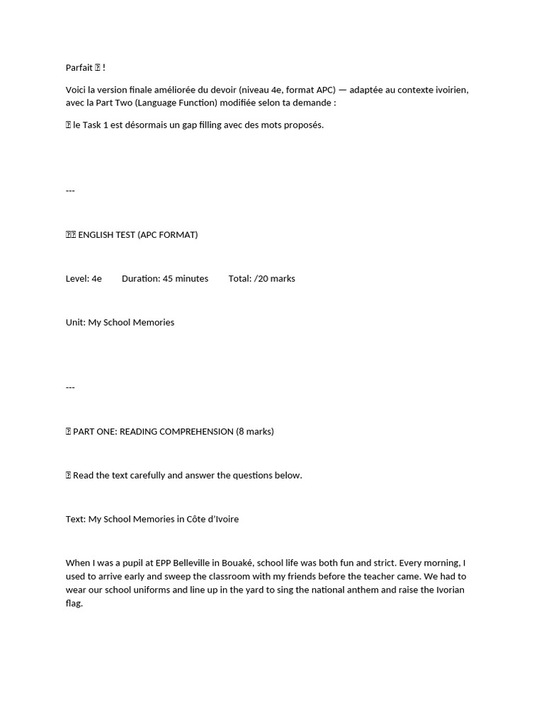 Devoir n2 4e Trimestre1 2025 - 2026 | PDF | Teachers | Reading ...