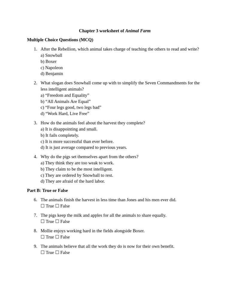 Chapter 3 Worksheet of Animal Farm | PDF