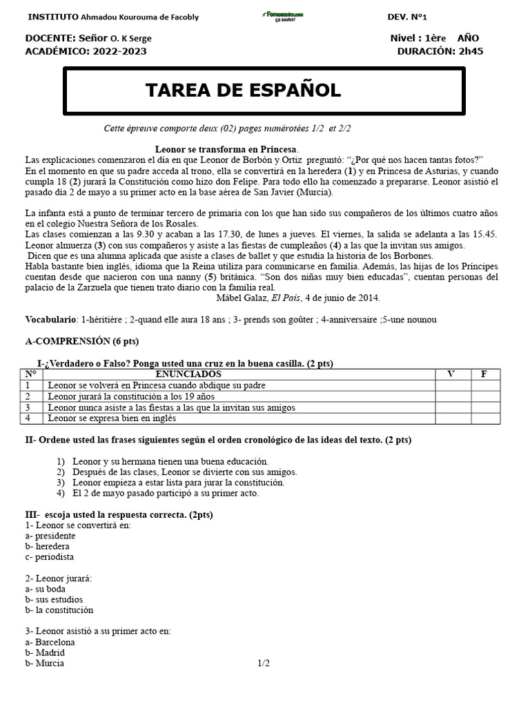 Devoir d'Espagnol Niveau 1iere Facobly by Tehua (2) | PDF