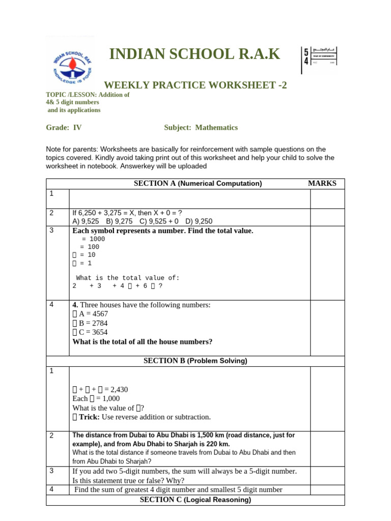 Practice Work Sheet (Addition and Its Applications) R | PDF | Numbers ...
