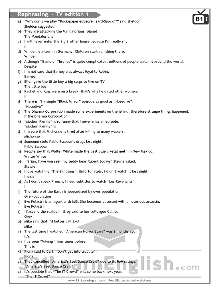 Grammar Rephrasing b1 TV Edition 1 321LearnEnglish Com | PDF