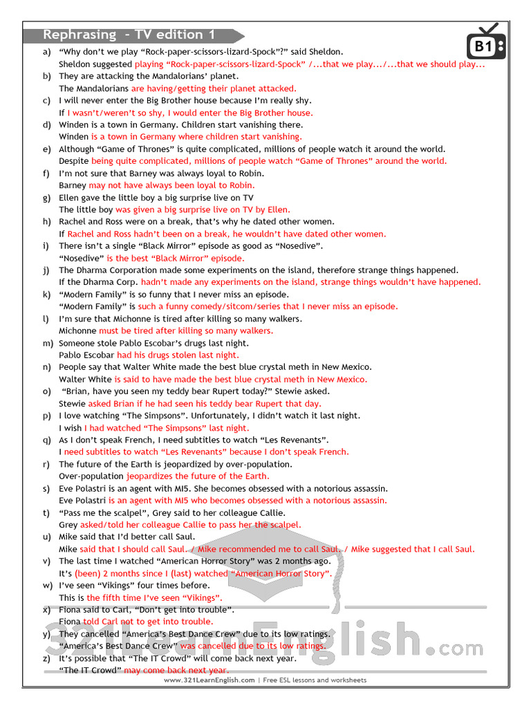 ESL Rephrasing Exercises: TV Edition | PDF | Television Episodes ...