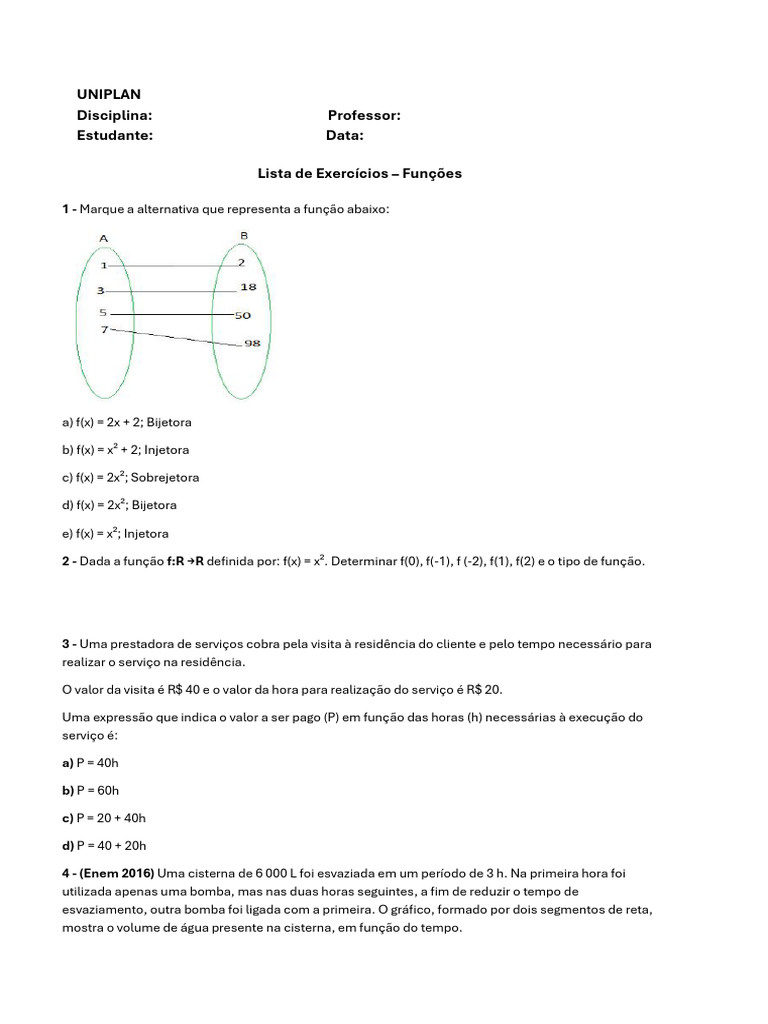 Exercícios sobre Funções Matemáticas | PDF | Função (Matemática) | Juros