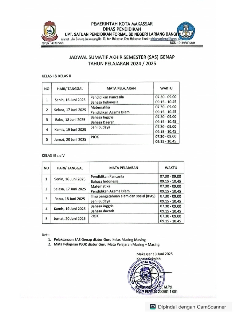 Jadwal Sas SDN Lariang Bangi | PDF
