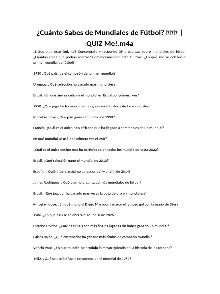 Quiz de Mundiales de Fútbol: 35 Preguntas | PDF | FIFA Copa del Mundo ...