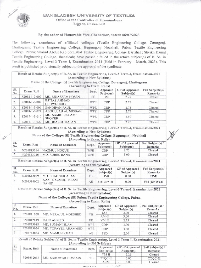 AC Result of Retake Subjects of B.sc . in Textile Engineering L 3 T 1 Exam 2021 | PDF | Textile ...