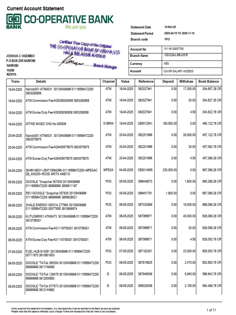 COOP Account Statement Joshua Chocha 2025 | PDF | Transaction Account ...