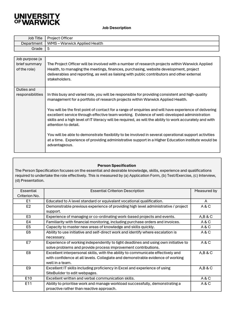 JD - Project Officer (109444) | PDF | Skill | Learning